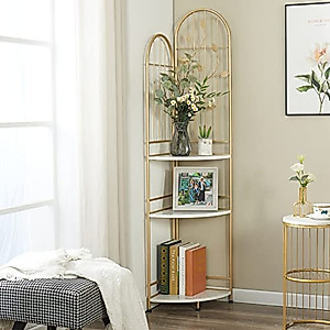 GOLASON Gold Corner Shelf with Storage, 3-Tier Tall Corner Bookshelf, Distinctive Plant Stand Flower Rack, Free Standing Display Shelving Unit for Living Room Kitchen Balcony (Gold and White)