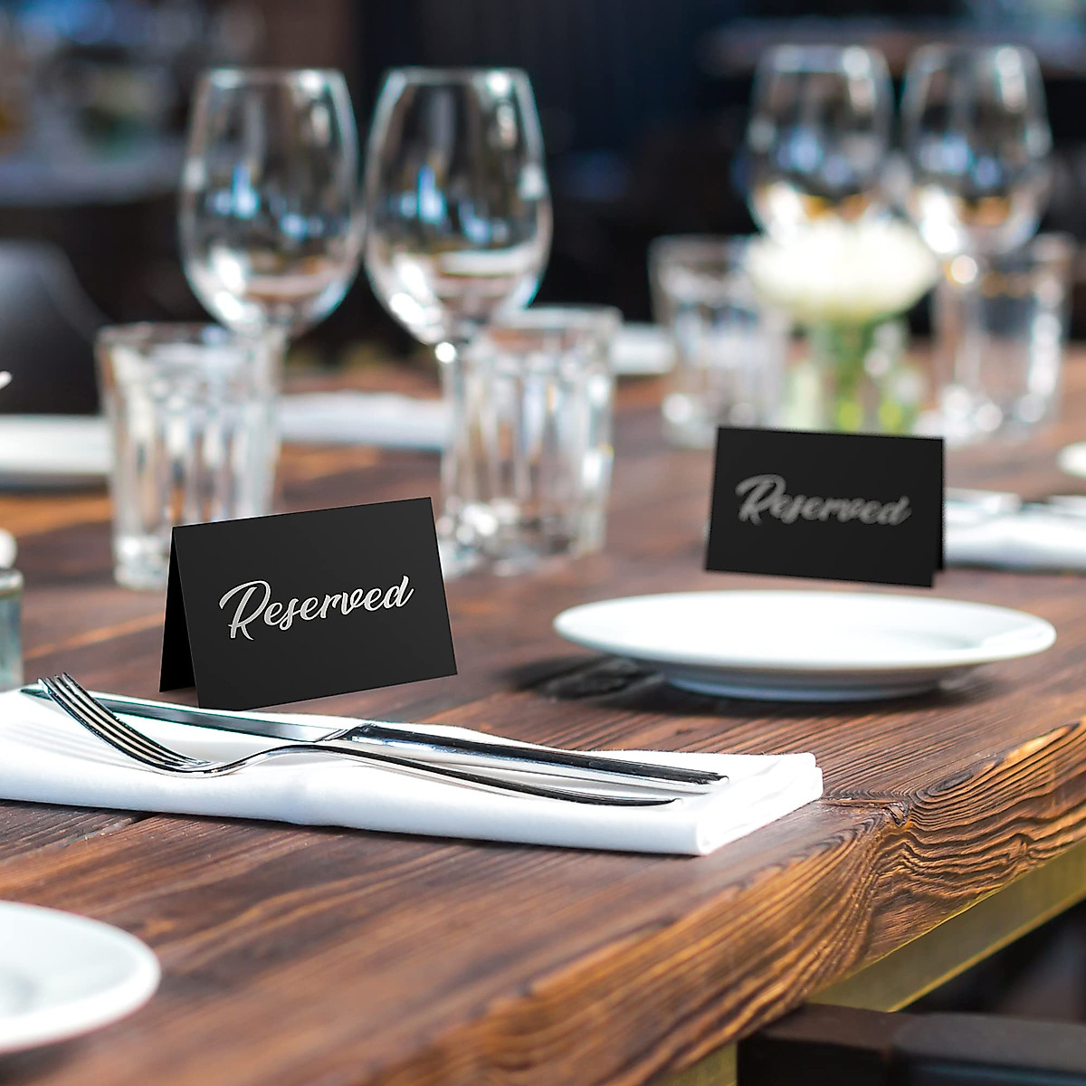 10 Pack Black Reserved Table Signs for Wedding - Silver Foil Reserved Seating Signs for Wedding Chairs - Church Pews - Double Sided Cardstock Reserved Signs for Tables - Table Tent Reservation Cards