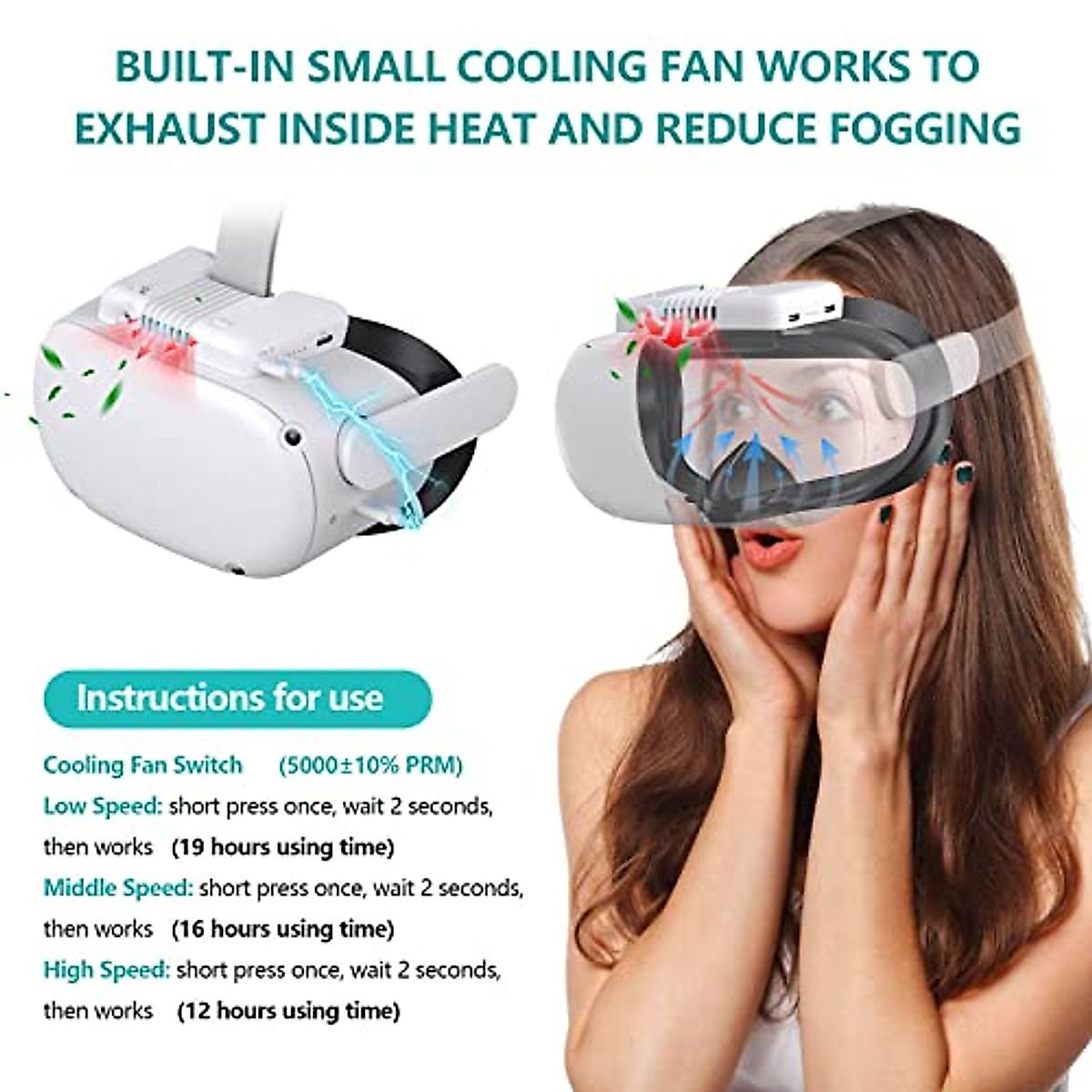 VR Face Pad for Oculus Quest 2, Upgraded Cooling Fan with 3 Cooling Speeds and 2-Brightness Tracking in Dark, Soft PU Face Cover Facial Interface for VR Accessories Fan Cooler with Charging Function