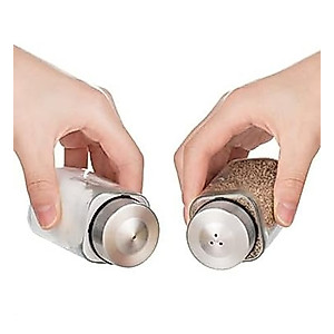 J&M Design Salt And Pepper Shakers Set Glass Bottle Stainless Steel Lid For Kitchen Tabletop Spice Seasoning Or Travel Set Of 2 Refillable Jar Dispenser Container Shaker