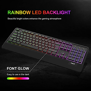 havit USB Wired Keyboard, Quiet LED Backlit Computer Keyboard Ergonomic Rainbow Gaming Keyboards with Wrist Rest for Office PC Desktop Laptop Game, 105 Keys UK Layout