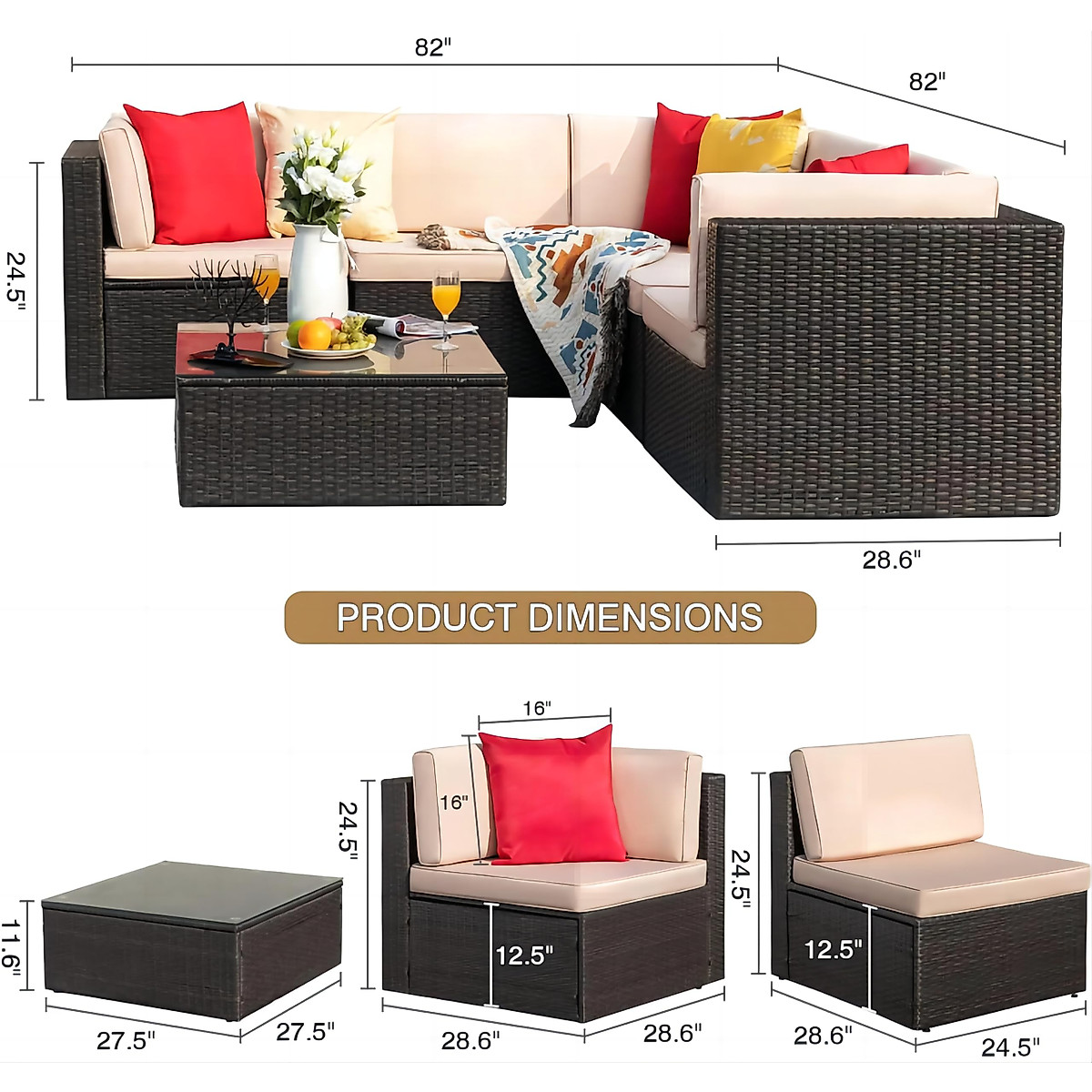 Greesum Patio Furniture Sets 6 Piece Outdoor Wicker Rattan Sectional Sofa with Cushions, Pillows & Glass Table, Beige