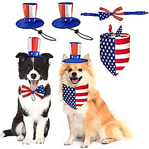 CooShou 4Pcs 4th of July Dog Costume Independence Day Dog Outfit American Flag Pet Dog Hat Bandana Bow Tie Triangle Scarf for Dogs Cats Puppy Kitten
