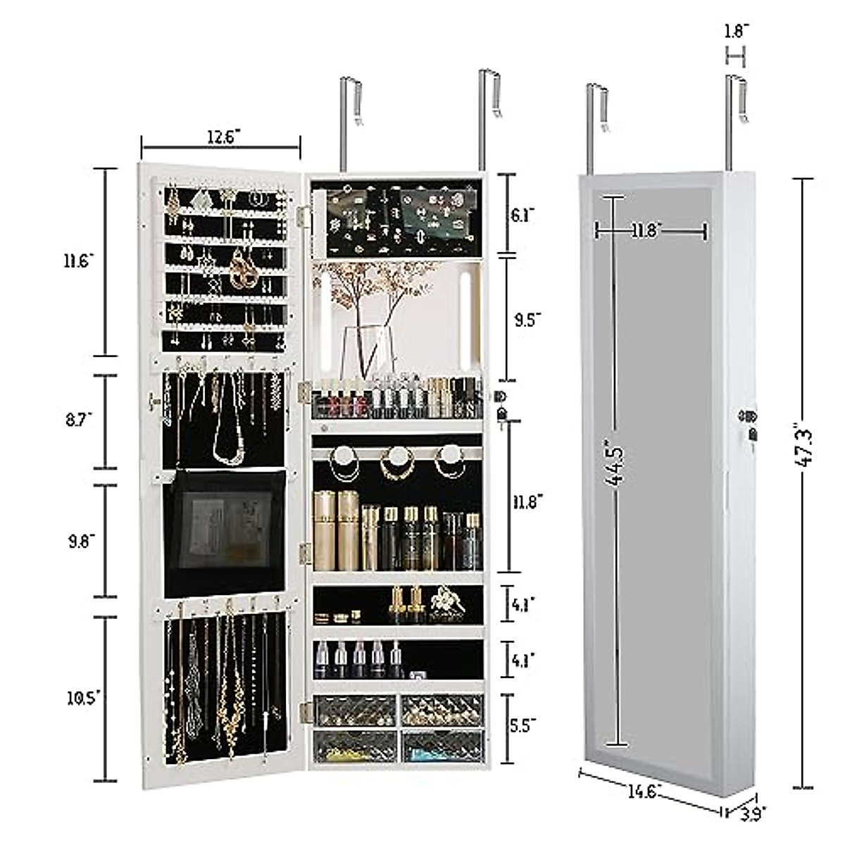 MASMIRE Jewelry Cabinet With Built-In Touch Light Mirror - 47.3" H Armoire With 4 Drawers, Wall/Over The Door Full Length Mirror With Storage - Off White