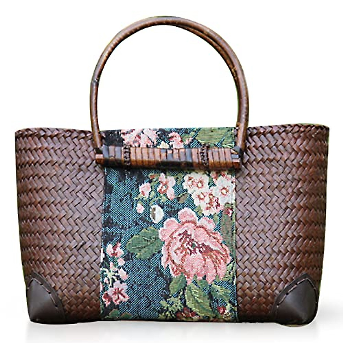 QTKJ Straw Bag for Women, Summer Beach Handmade Rattan Tote Bag, Boho Retro Straw Woven Handbag, Large Beach Vacation Bag (Brown)