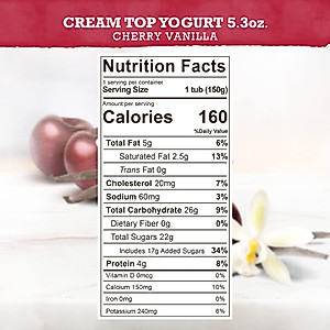 Brown Cow Cream Top Cherry Vanilla on the Bottom Whole Milk Yogurt, 5.3 oz. Cup - Creamy, Delicious Yogurt