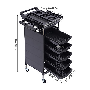 CaLaOCO Salon Trolley, with Handle and Rolling Wheels, 5 Drawers and 2 Hair Dryer Holder Side Tray, Black