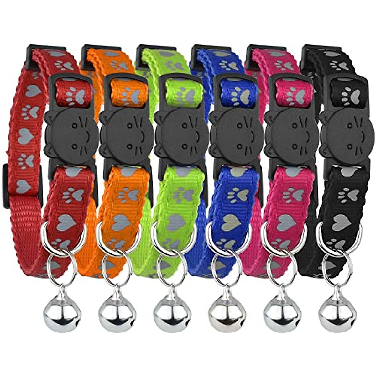 Upgraded Version - Reflective Cat Collar with Bell, Set of 6, Solid & Safe Collars for Cats, Nylon, Mixed Colors, Pet Collar, Breakaway Cat Collar, Free Replacement (6-Pack)