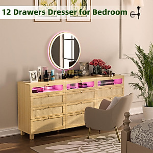 Yeyawomy Rattan Dresser for Bedroom with 12 Drawer, Wooden Tall Bedroom Long Dresser, Chest of Drawers with Metal Handle & Solid Wood Legs for Bedroom/Living Room,Nature