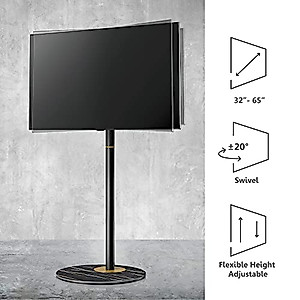 FITUEYES Design Corner TV Stand for 32&quot;-65&quot;, Mid Century Modern Black TV Stand with Marble Textured Glass Base &amp; Concealed Storage, Metal TV Stand Decor for Living Room, TV Floor Stand Master Series