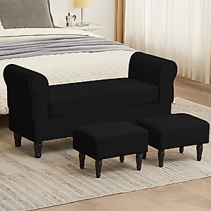 Merdoo Classics Storage Ottoman Bench with 2 Ottoman Foot Rest, Tufted End of Bed Storage Bench, Upholstered Bedroom Storage Bench, Rolled Arm Window Bench for Entryway Bedroom Living Room, Black…