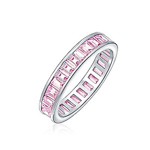 AAA Cubic Zirconia Pink Channel Set Rectangle Emerald Cut Baguette CZ Eternity Ring Anniversary Wedding Band For Women .925 Sterling Silver 4MM Stackable Rings