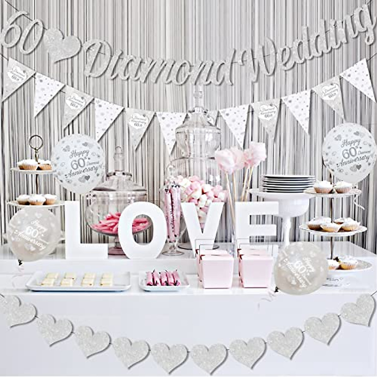 60th Anniversary Decorations, 60th Diamond Wedding Glitter Banners, 60th Anniversary Bunting Flag and Balloons for Anniversary Party Supplies