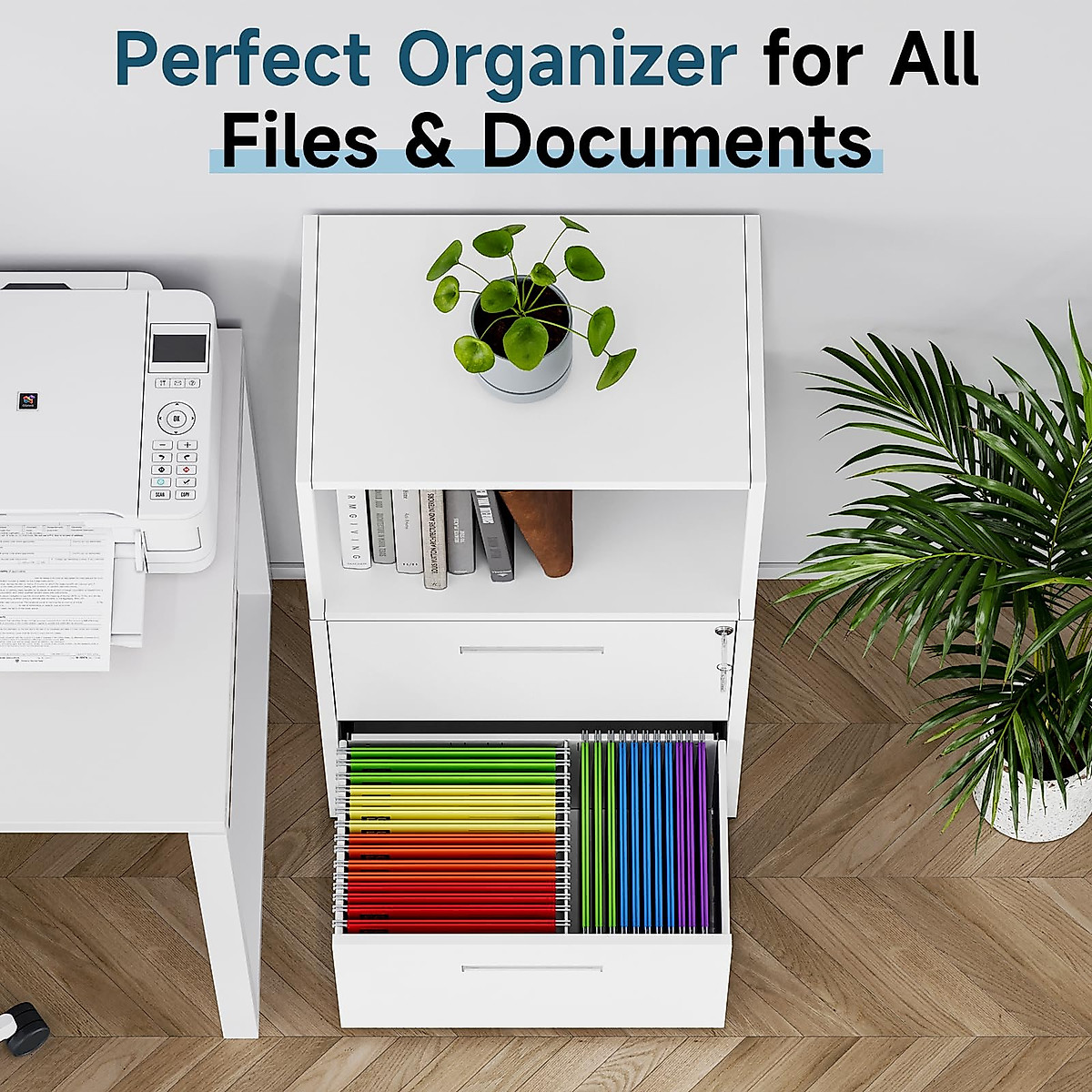 MIIIKO 2 Drawer File Cabinet with Lock and Open Shelf, White Metal Lateral Filing Cabinets Home Office, Tier Shelf Drawers Storage for Letter, Legal, A4 Folders, Books, Stationery Printers