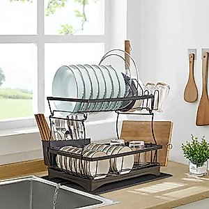 Large Dish Drying Rack with Drainboard Set, 2 Tiers Detachable Dish Racks for Kitchen Counter with Adjustable Swivel Drainage, Dish Drainer Dishwasher Rack with Cup Holders, Dish Drying Mat
