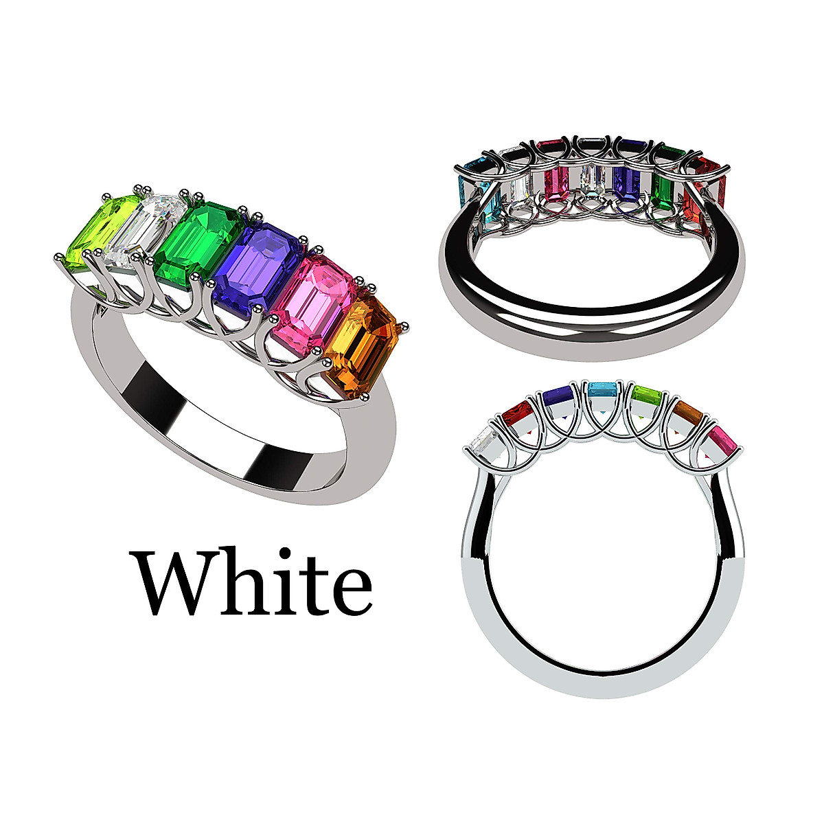 Central Diamond Center Emerald Cut Lucita Mothers Birthstone Ring w/ 1 to 7 Simulated Birthstones - Sterling Silver-Size 11
