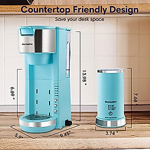 Single Serve Coffee Maker with Milk Frother, 2-In-1 Cappuccino Coffee Machine for K Cup Pod and Ground Coffee, Single Cup Brewer Compact Latte Maker with 30 oz Removable Tank, Blue