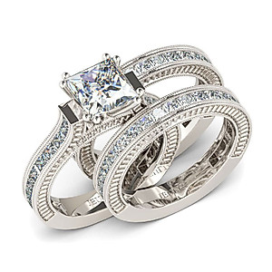 Jeulia 3PC Princess Cut Ring Set: Sterling Silver Halo Diamond Bridal Set Engagement Wedding Band Best Anniversary Promise Valentines Jewelry Gift with Box (White Diamond, 8.5)