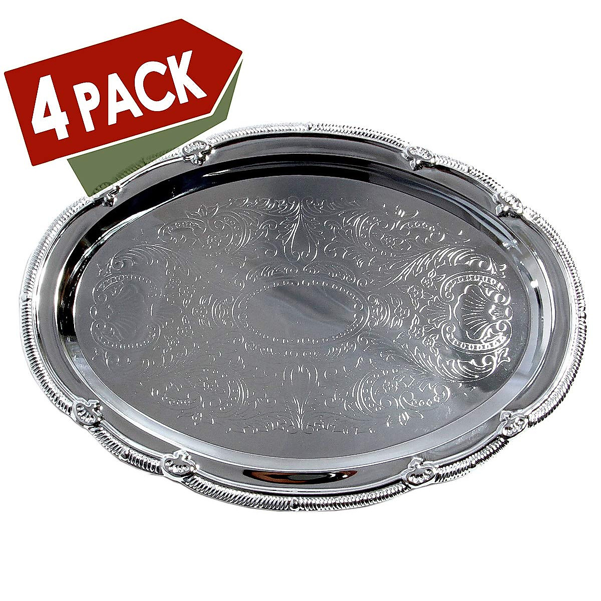 Maro Megastore (Pack of 4) 14.7" x 10.6" Oval Shape Chrome Plated Serving Tray Plate Food Art Deco Floral Pattern Engraved Multi-Purpose Holiday Party Buffet Wedding Birthday (Large) T125L-4PK