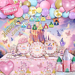 Party Spot! 208 PCS Princess Birthday Party Decorations For Girl, 12 Tableware Sets, Castle Balloons, Balloon Arch, Disposable Paper Plates, Backdrop, Balloon Pump, Princess Party Decorations