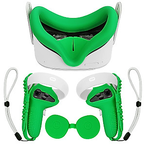 TOMSIN Touch Controller Grip Cover for Oculus Quest 2 with Silicone Face Cover, Protective Lens Cover, Silicone Handle Strap Combo, Sweatproof Lightproof Anti-Throw Accessories Set (Green)
