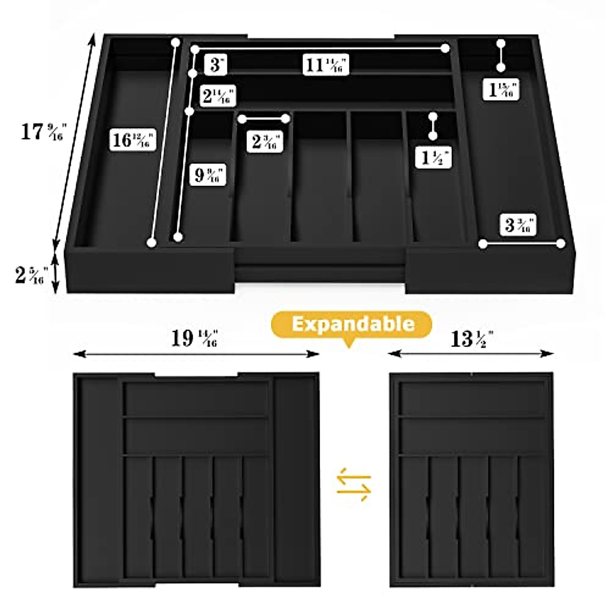 Utensil Organizer Silverware Drawer Organizer - Bamboo Expandable Cutlery Tray with Dividers for Utensil Holder Office Storage Makeup Desk Drawer Tool Organization W13.5"-19.5" x L17.5" x H2.5"(Black)
