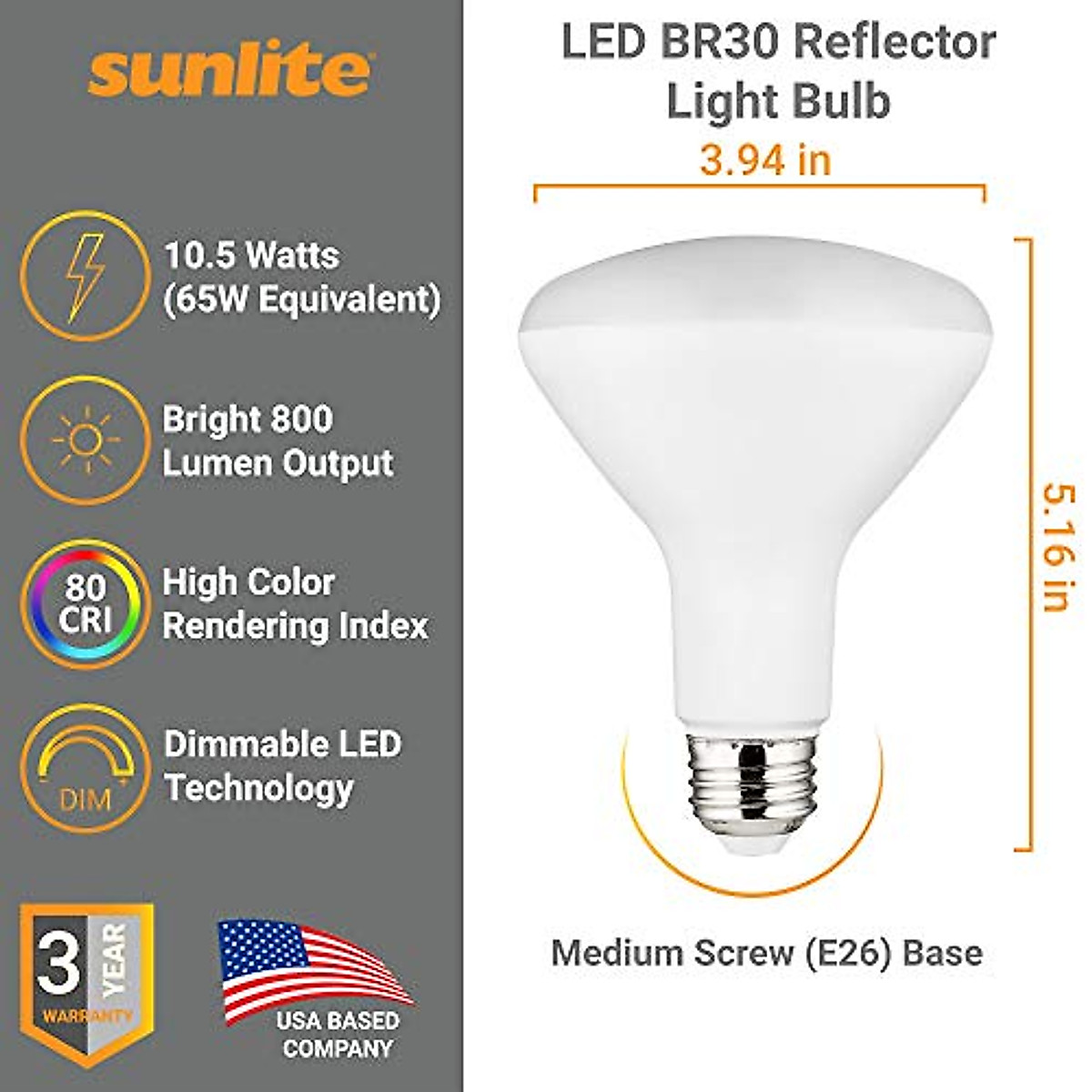 Sunlite 41176 LED BR30 Recessed Bulb, 10.5 Watt (65w Equivalent), 800 Lumens, Medium E26 Base, Dimmable Flood, UL Listed, 3000K Warm White, 6 Count