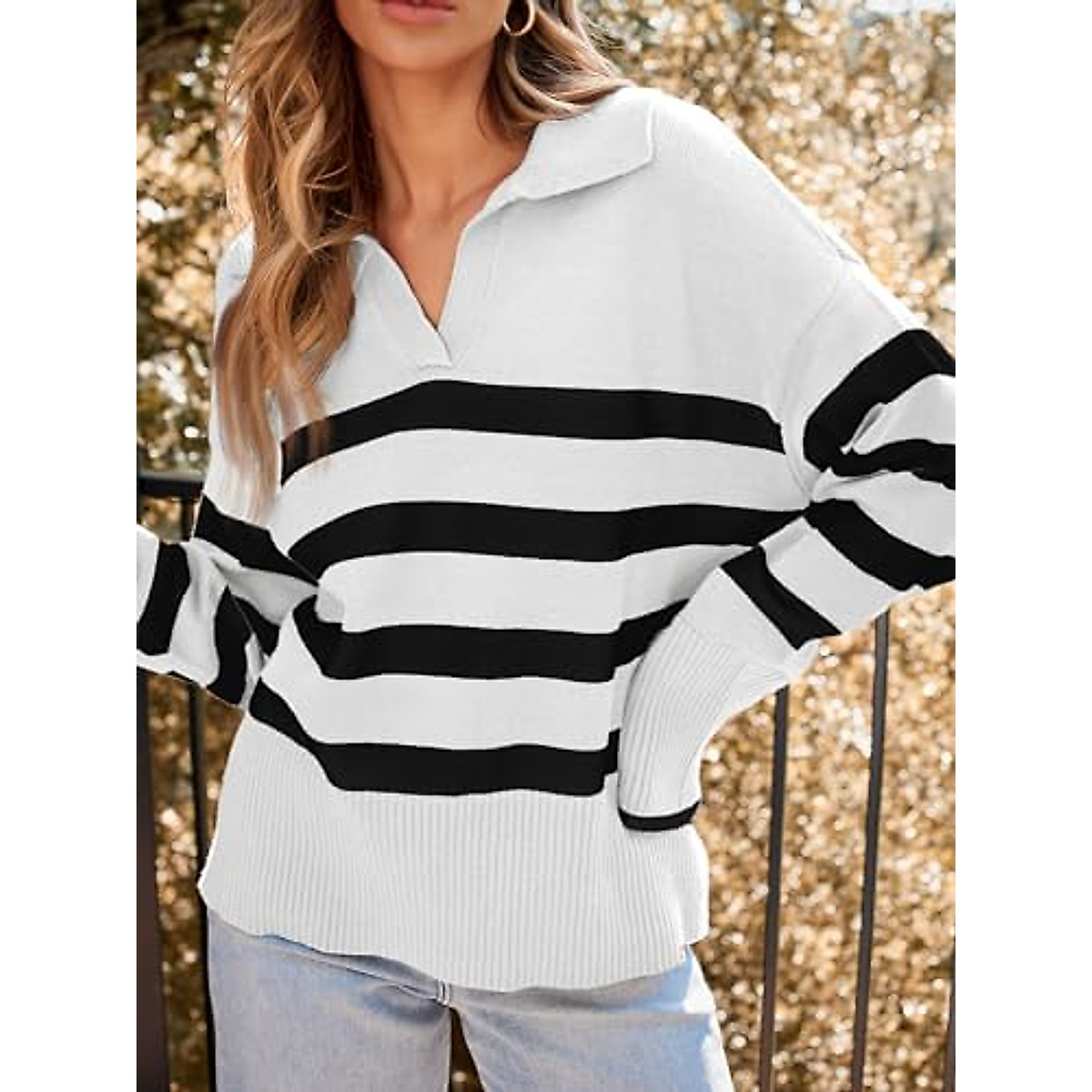 LILLUSORY Womens Striped Oversized V Neck Trendy Sweaters Long Sleeve Tops Fall Fashion Clothes Outfits 2025 White X-Large