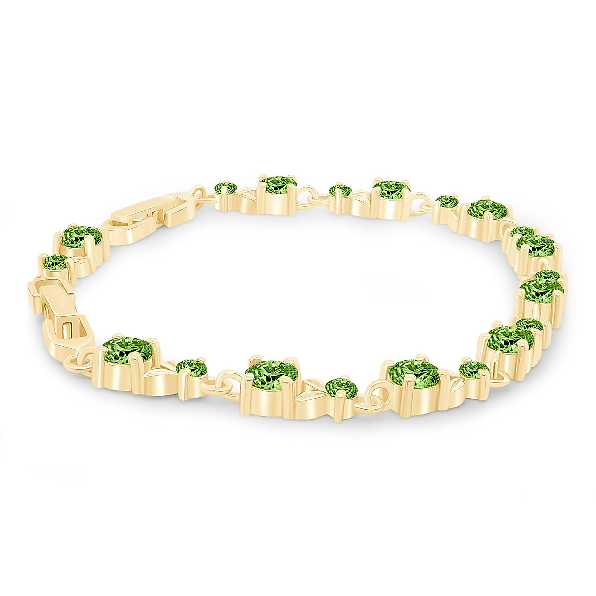 AFFY 14k Yellow Gold Over Sterling Silver Leaf Shape Tennis Bracelet Round Shape Simulated Peridot 7.25"