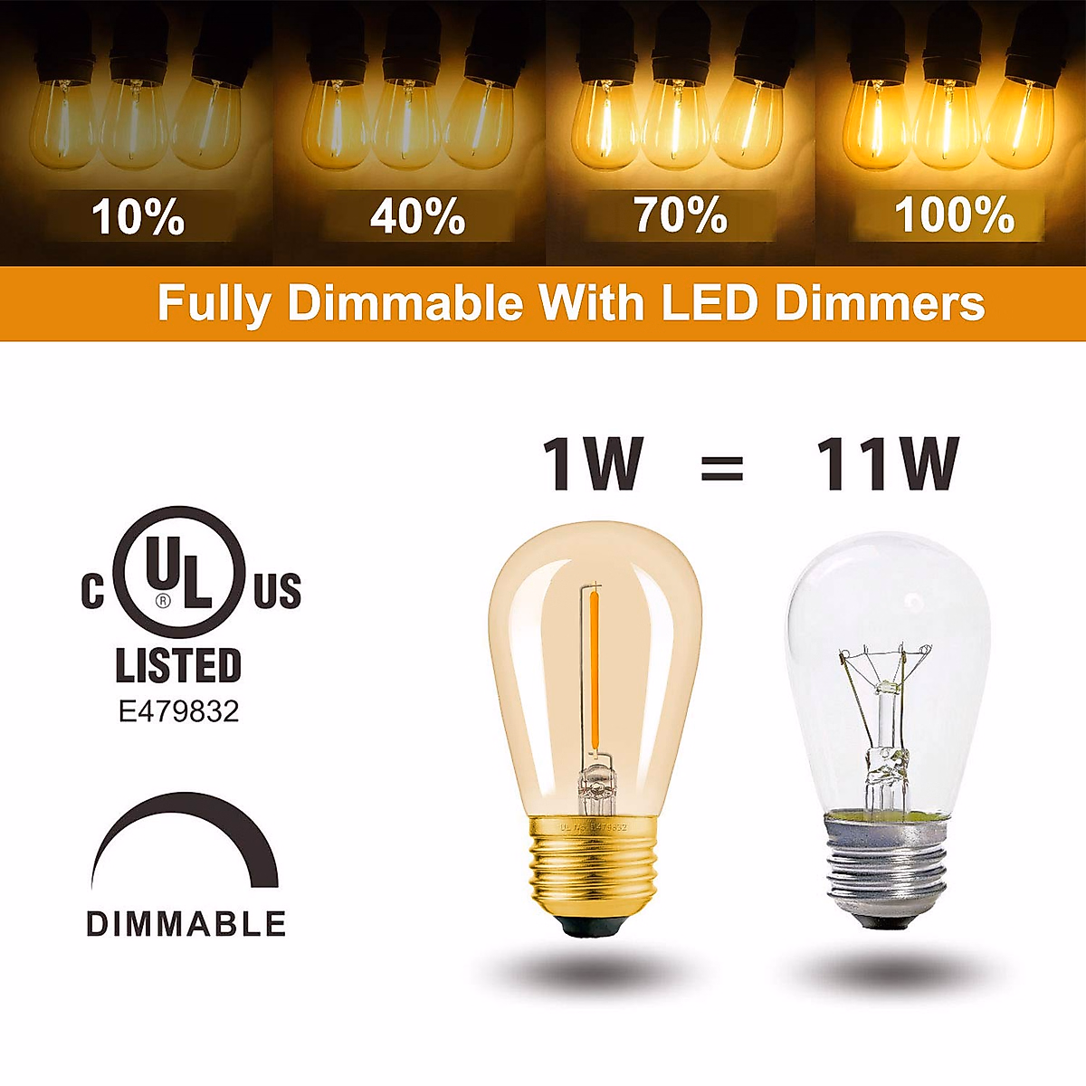 Hizashi 25 Pack S14 String Light Bulbs Replacement, Amber 2200K 11W S14 LED Bulbs for Outdoor String Lights, 1W Dimmable Shatterproof Waterproof, E26 Base Ediosn Bulbs, UL Listed