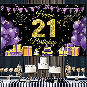 Wiipenex Happy 21st Birthday Backdrop Banner 70.86” x 43.3” Purple and Black 21 Years Old Boys Girls Birthday Decorations Party Supplies Sign Poster Background Banners