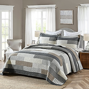 PERHOM Quilt Queen Size - 100% Cotton Farmhouse Rustic Queen Quilt Set, Cabin Bedding Set Bedspreads, Lodge Lightweight Patchwork Plaid Quilted Comforter for Queen Bed, Grey/Brown/Beige