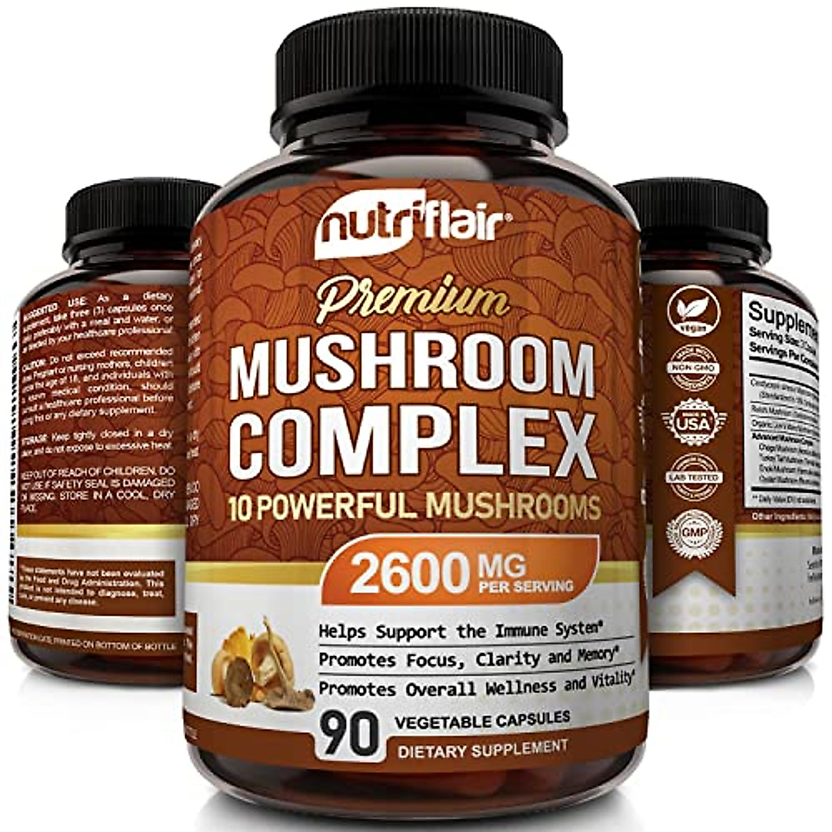 NutriFlair Mushroom Supplement 2600mg, 90 Capsules - 10 Mushrooms Blend - Reishi, Lions Mane, Cordyceps, Chaga, Turkey Tail, Maitake, Shiitake, Oyster Nootropic Complex - Brain, Energy, Focus Pills