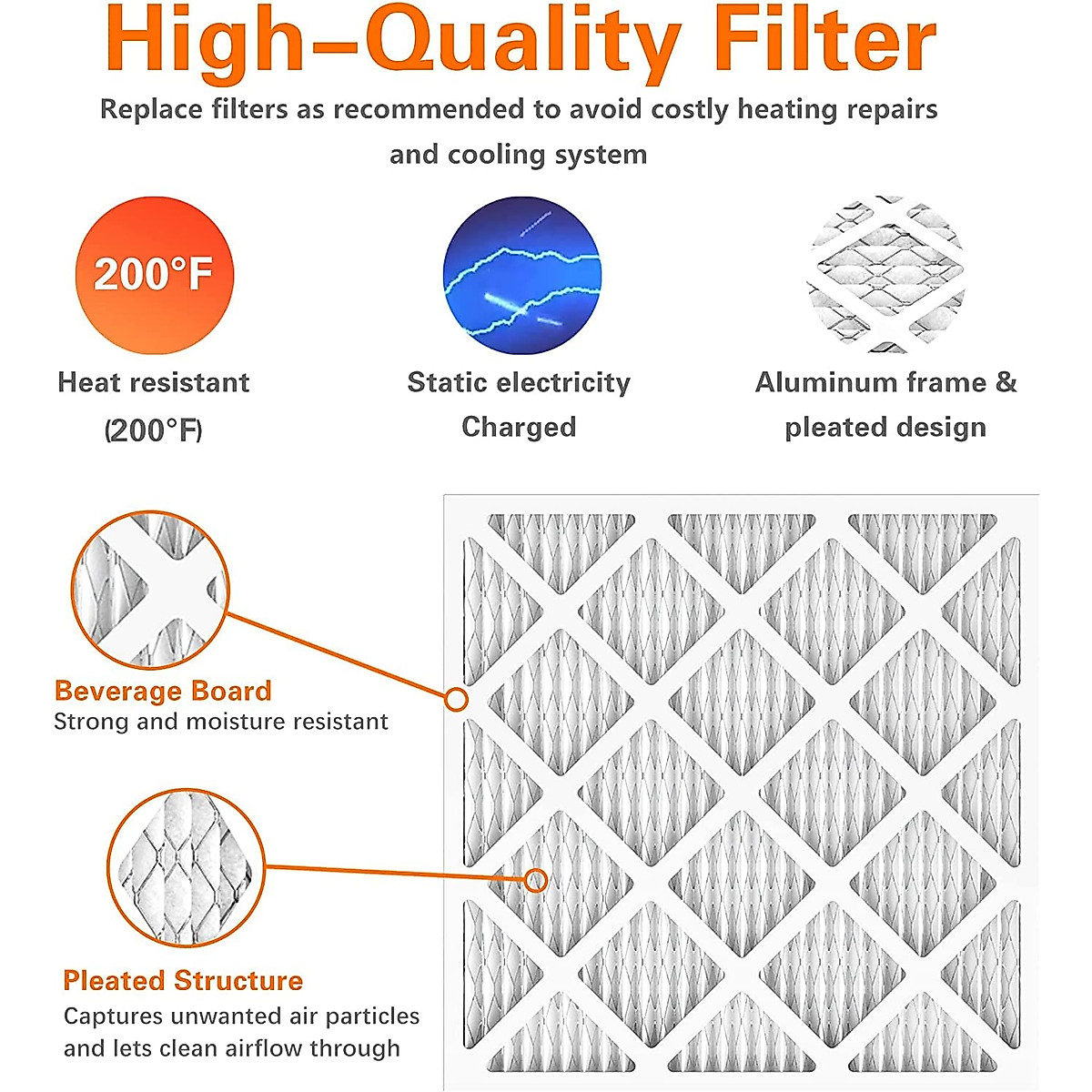 14x14x1 AC Furnace Air Filters, MERV 8 Dust Defense (4-Pack), JASENG MPR 600 Pleated HVAC Air Filter Replacement (exact dimensions: 13 3/4"x13 3/4"x3/4")