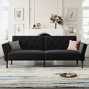 HONBAY Convertible Sofa Bed Velvet Sleeper Couch with Adjustable Armrests Tufted Futon for Living Room and Bedroom, Black
