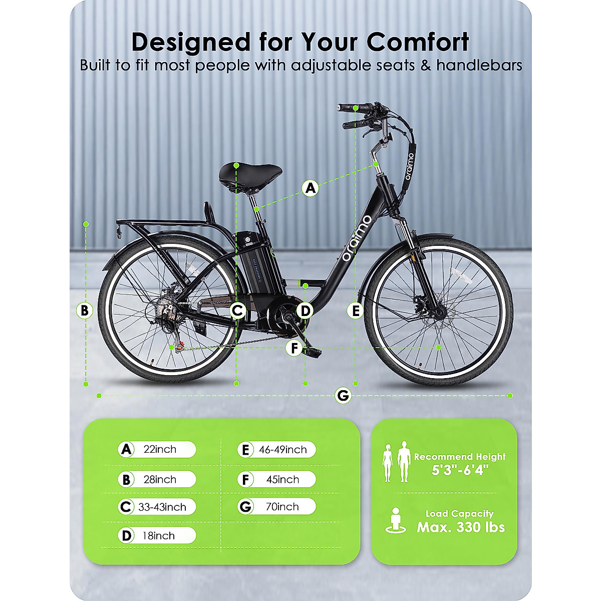 Oraimo Electric Bike for Adults 3A Fast Charge, 36V 10.4Ah UL-Certified Li-ion Battery, 350W Brushless Motor, 26" Aluminum Ebike 2X Load Rear Rack, Air Saddle, Shimano 7 Speed (Black, Standard)