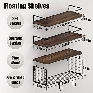 WOCOPIA 3+3 Wall Mounted Bathroom Shelf Over Toilet with Toilet Paper Storage Basket & Hooks, Bathroom Organizers and Storage, Hanging Corner Shelf Floating Shelves for Bathroom Wall Room Decor Brown
