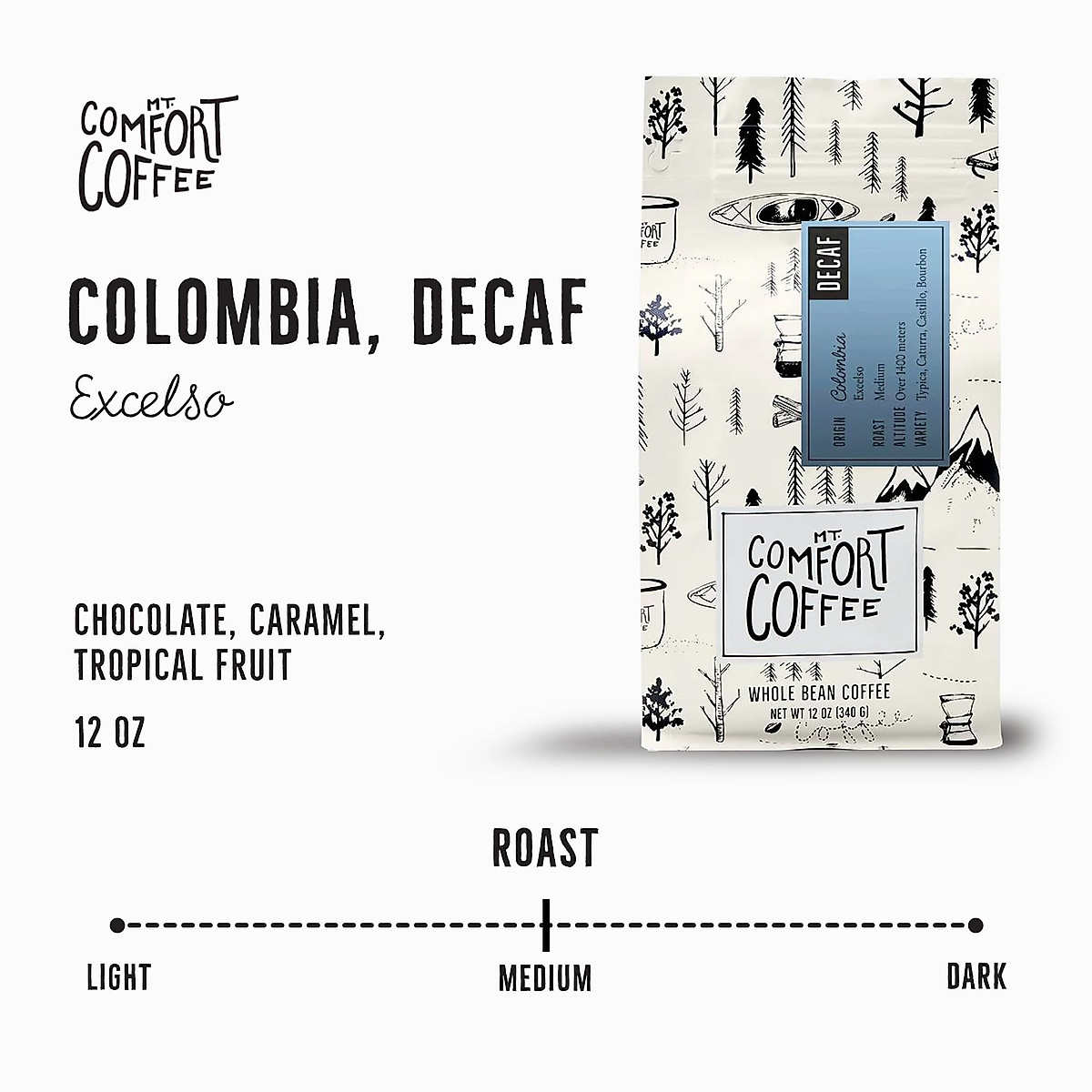 Mt. Comfort Coffee Decaf Colombia Medium Roast, 12 Ounce - Flavor Notes of Chocolate, Caramel and Tropical Fruit - Sourced From Small, Colombian Coffee Farms - Roasted Whole Beans