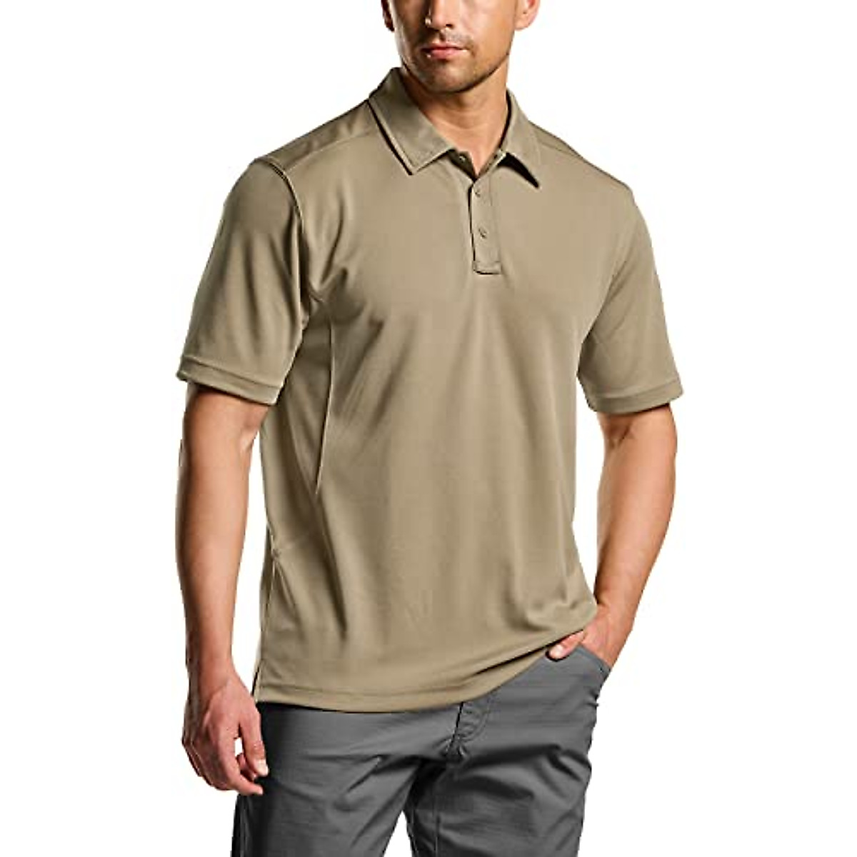 CQR Men's Polo Shirt, Long and Short Sleeve Tactical Shirts, Dry Fit Lightweight Golf Shirts, Outdoor UPF 50+ Pique Shirt, Frost Essential Khaki, Small
