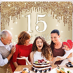 Happy 15th Birthday Banner Backdrop Decorations for Girls, Gold White Sweet 15 Birthday Sign Party Supplies, Fifteen Year Old Birthday Photo Booth Background Poster Decor(72.8 x 43.3 Inch)