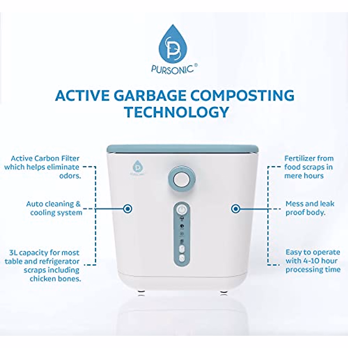 Pursonic Compost Bin Kitchen Trash Can Electric Recycling Bin - Food Waste Composter with 3L Capacity - Environment Friendly Indoor Compost Bin - Smart Compost Machine for Apartment Countertop