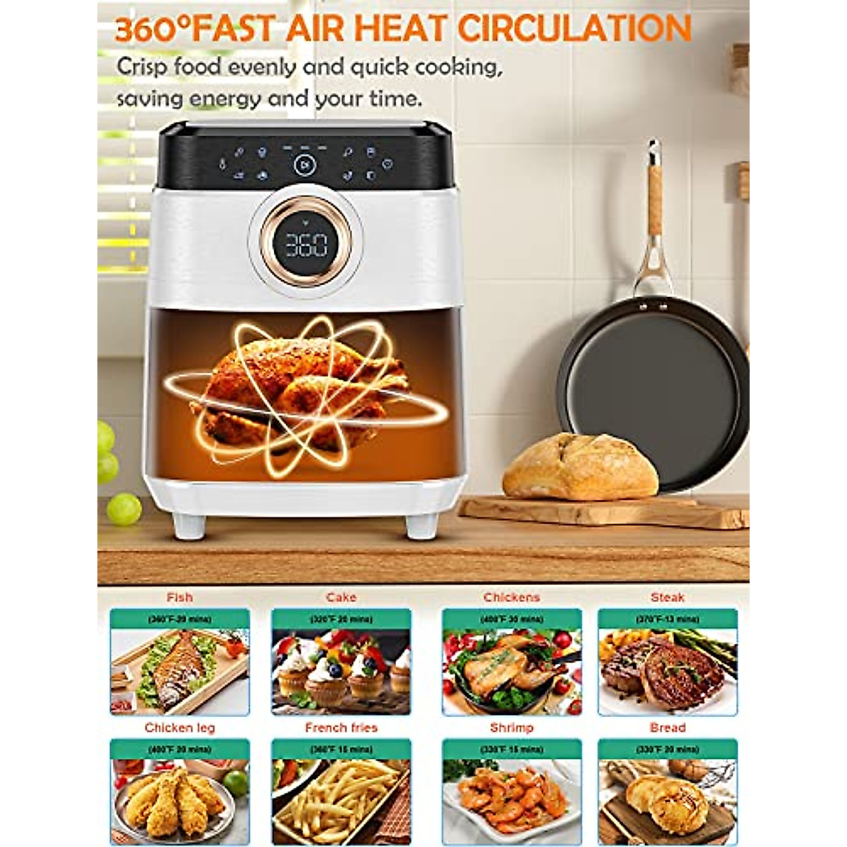 Air Fryer, Airfryer Oven Large Air Fryer 1700W 8-in-1 with Touch Screen Air Fryers Detachable Dishwasher Safe Nonstick Basket Freidora de Aire 36 Recipes BPA & PFOA Free 5.8 QT White Air Fryer