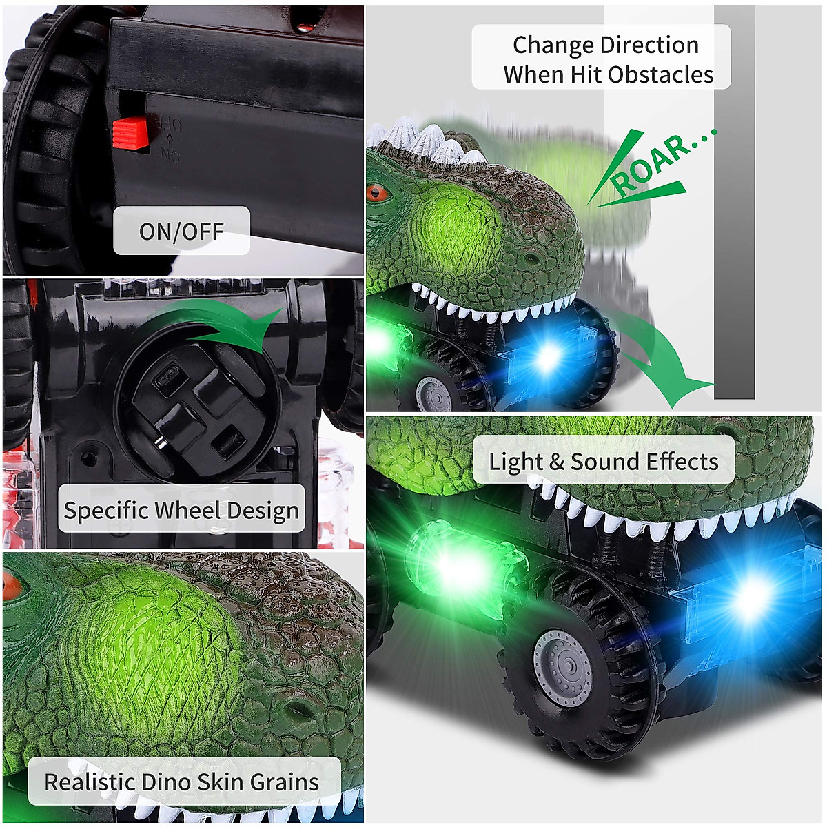 F FiGoal Dinosaur Cars with LED Light Sound Dino Car Toys Car Gifts Animal Vehicles for Boys Girls Toddles Kids Birthday Gifts Teacher Classroom Prize