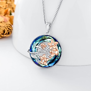TOUPOP Cherry Blossom Necklace for Women March Birth Flower Necklaces 925 Sterling Silver Dainty Floral Pendant with Blue Circle Crystal March Birth Month Flower Jewelry Birthday Gifts