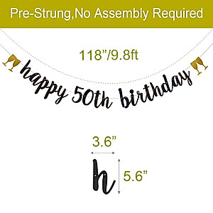 ABCpartyland Happy 50th Birthday Banner, Pre-Strung, 50TH Birthday Party Garlands Bunting Sign Photo Props Backgrounds, Black, 118 inches x 5.6 inches