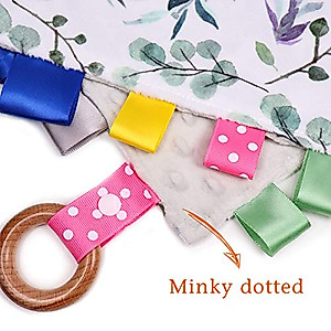Baby Security Blanket with Tags Soft Ribbon Tag Blanket Comfort Lovey Taggy Blanket Cute Newborn Appease Towel with Bunny Ear Ring