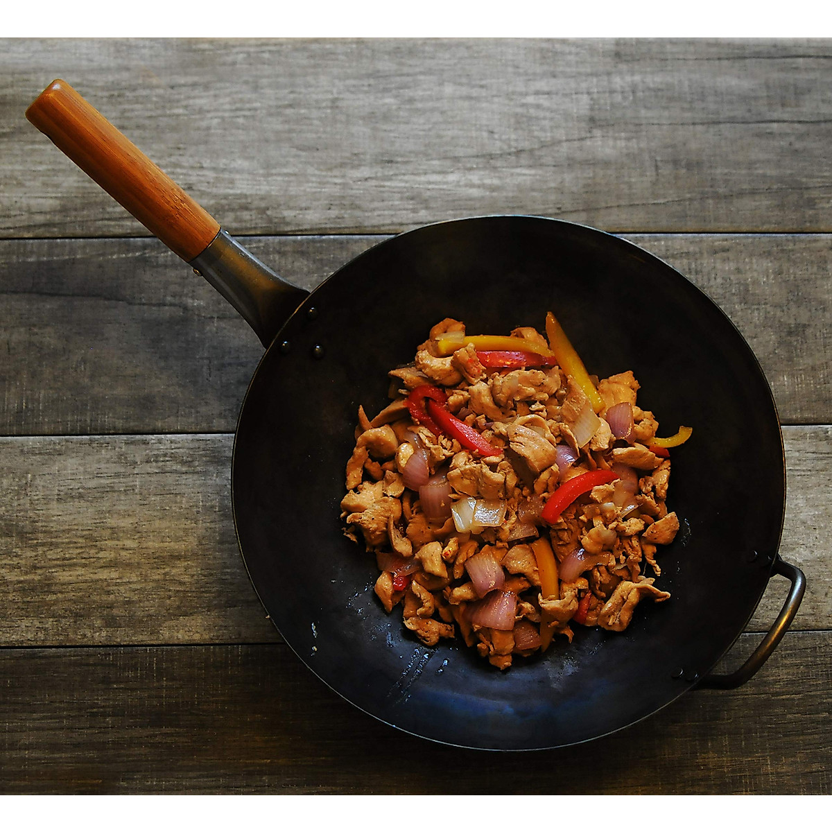 Chef's Medal Traditional Hand Hammered Carbon Steel Pow Wok with Bamboo and Steel Helper Handle - 14 Inch, Round Bottom