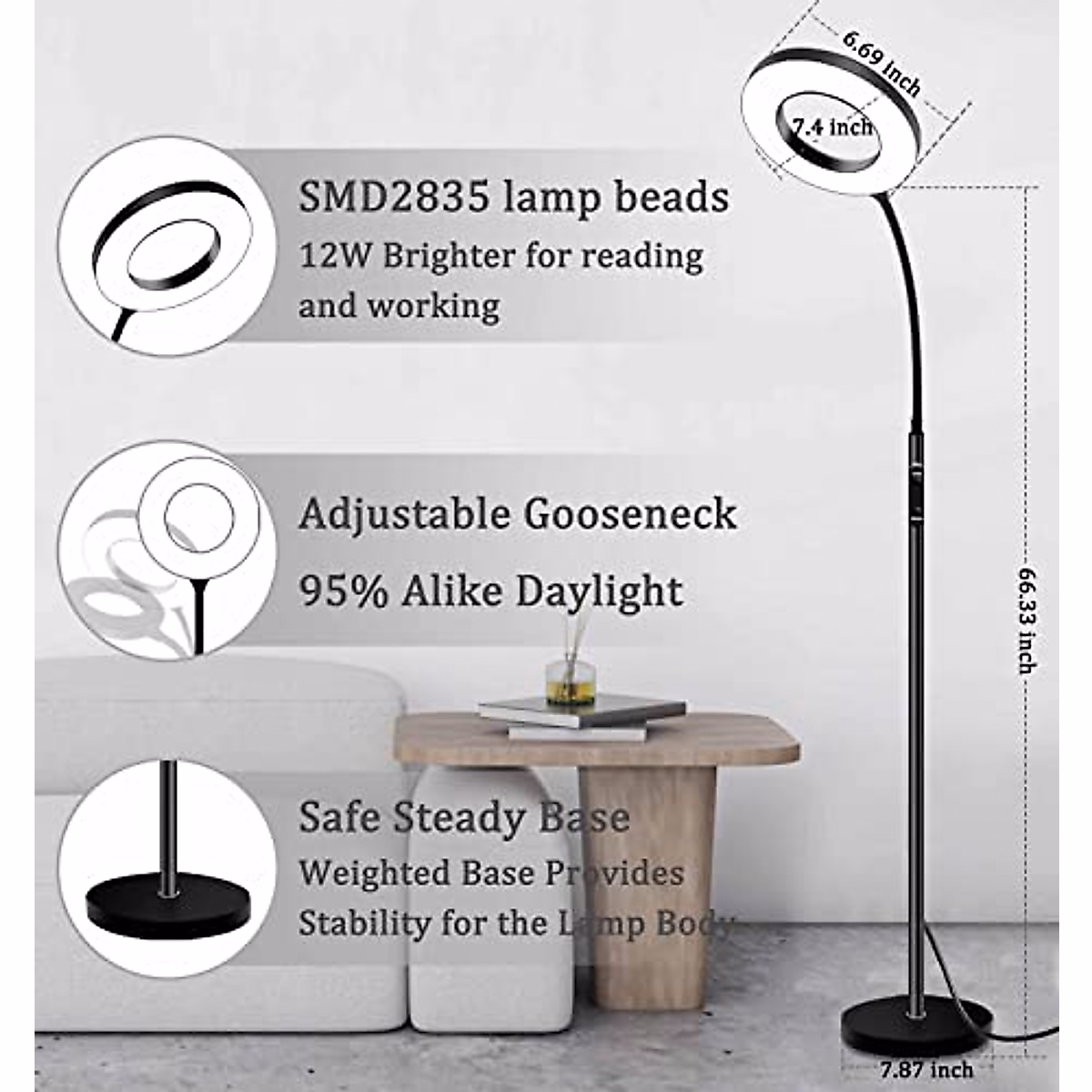 vividstarry Modern LED Floor Lamp with Remote & Touch Control, 2700K-6500K Bright Dimmable Floor Reading Lamp for Living Room/Bedroom/Office, Gooseneck Task Lights 10-100% Brightness Adjustable,Timer