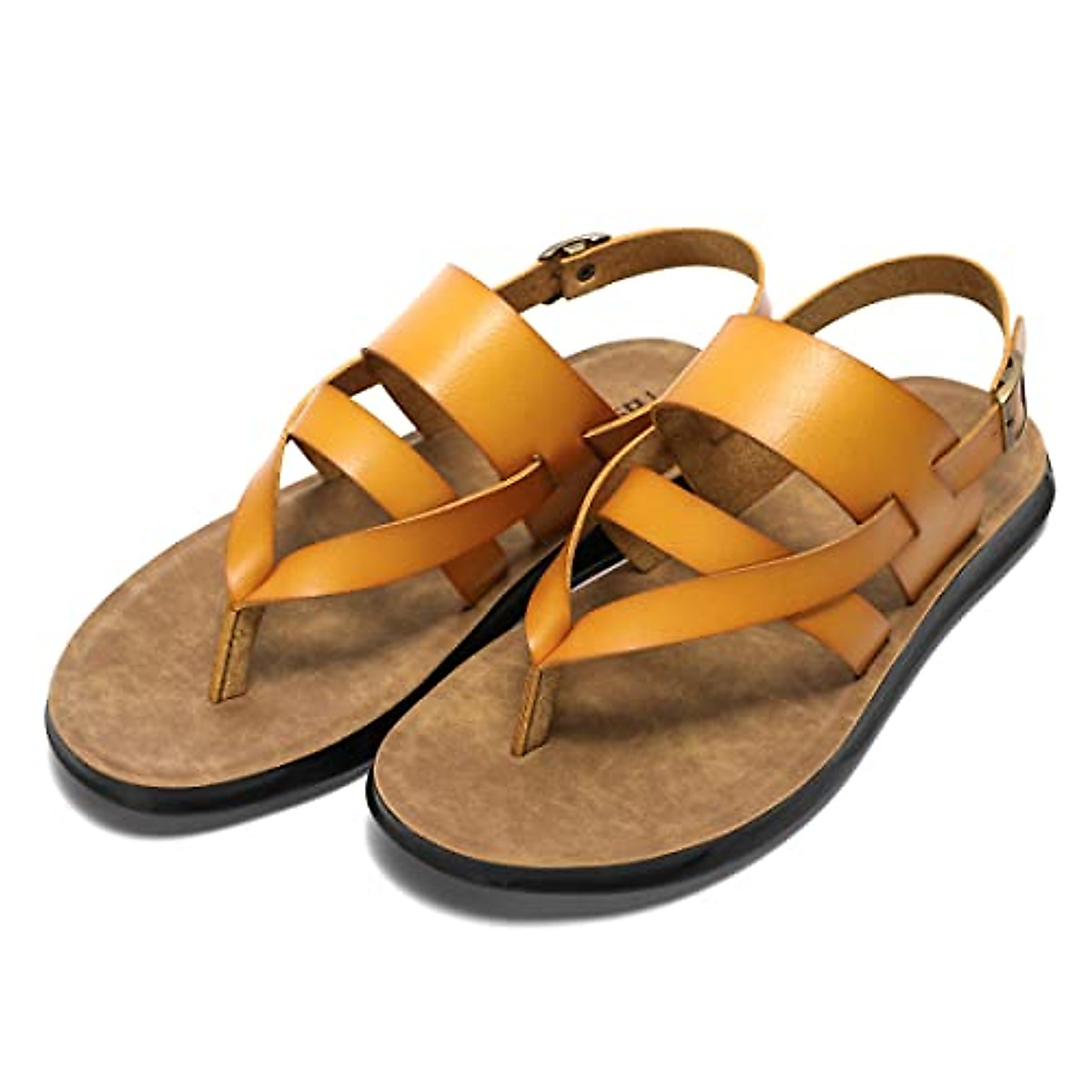 Harssidanzar Quick-Dry Flip-Flop Sandals For Men's,Summer Comfy Outdoor Adjustable Ankle Strap Flat Slip On Sandals Flip Flops Shoes KM218,TAN,Size 10