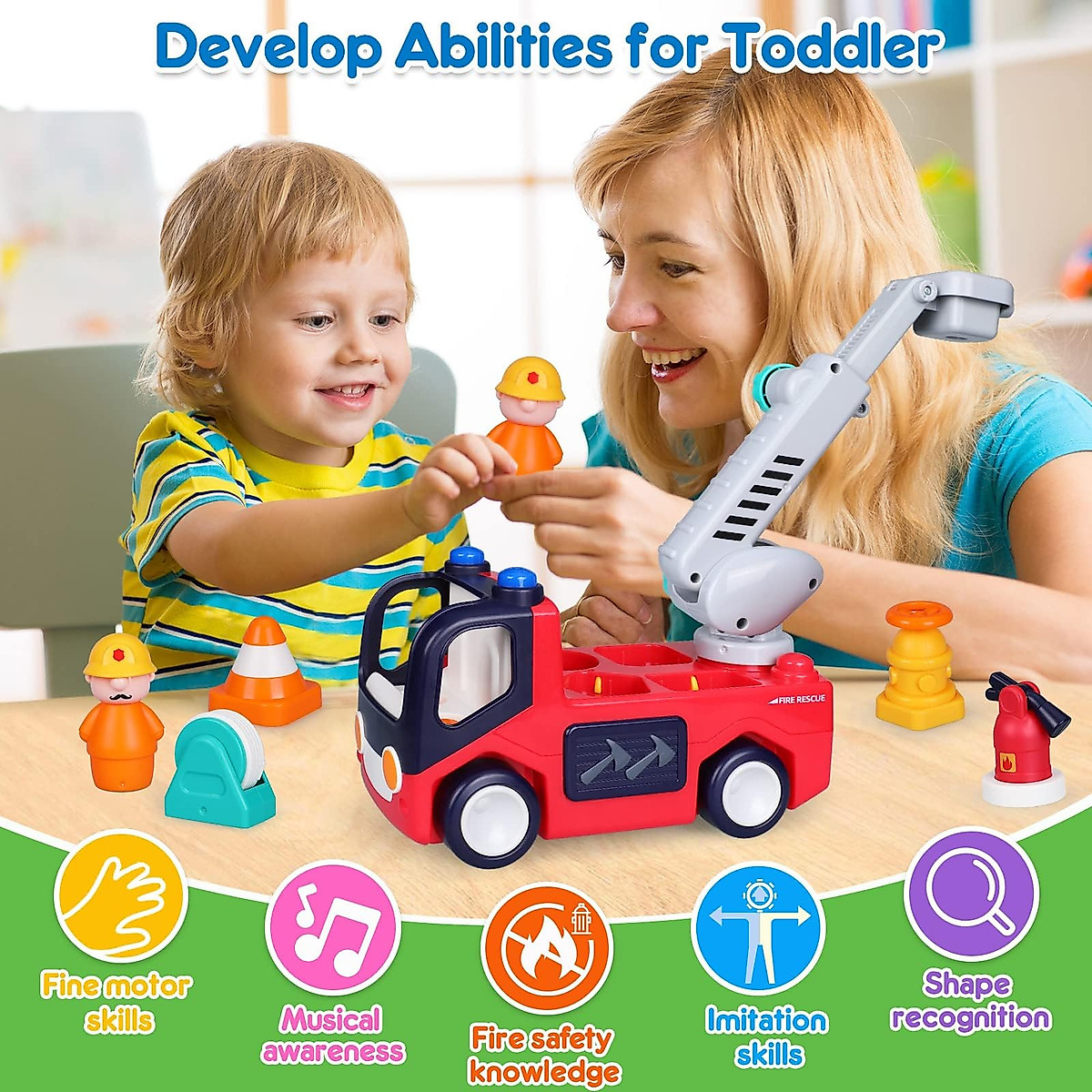 Toy Cars for 1 2 3 Year Old Boy Girls Gifts Fire Truck with Music & Light Toys for Toddler 1-3 Educational Learning Toys for 2 3 4 Year Old Birthday Gifts Baby Toys 12 18 Months for Infant Toddler